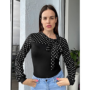 Zeagoo Womens Blouses Sexy Work Tops Bow Tie Blouse Shirt Office, Black Polka Dot, Medium, Lantern Sleeve