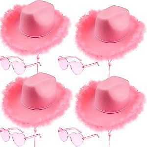 Rcanedny 4 Pieces Cowboy Hat with 4 Pairs Heart Shaped Sunglasses Cowgirl Hats for Girls Women Halloween Costume Party