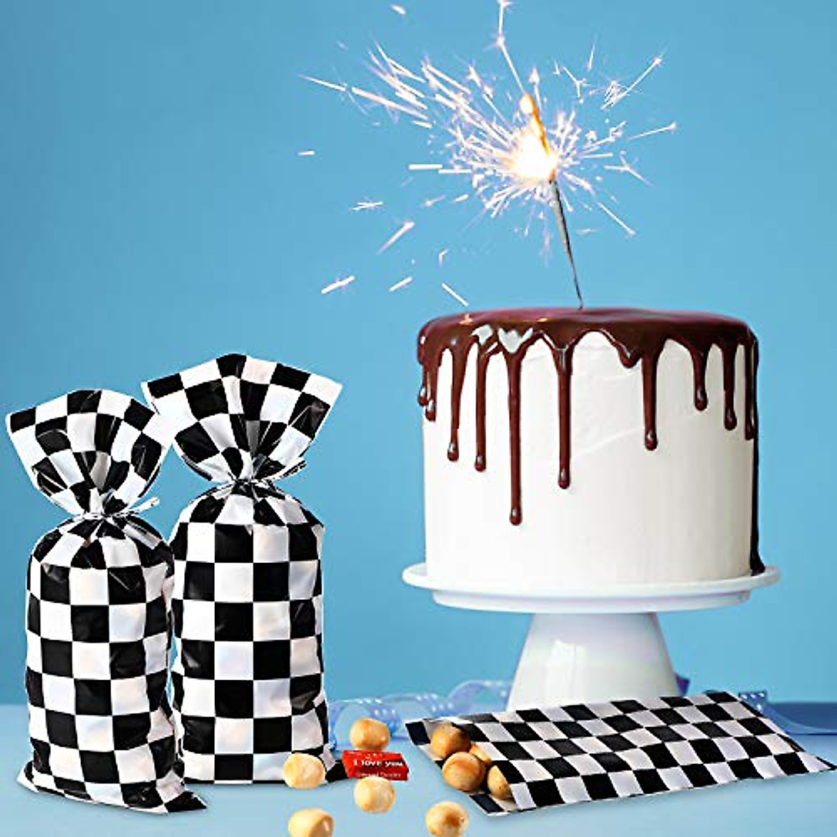 100 Pieces Cellophane Car Candy Bags Black White Checkered Racing Treat Bags Plastic Race Gift Goodie bags Food Storage Bags for with 100 Pieces Silver Twist Ties for Cars Birthday Party Decorations