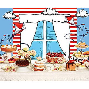 Cartoon Window Backdrops for Photography Kids Birthday Party Background 5x3ft Blue Red Kite Striped Kids Party Backdrop Boys Girls 1st Birthday Decorations Cake Table Banner Show Photo Booth Props