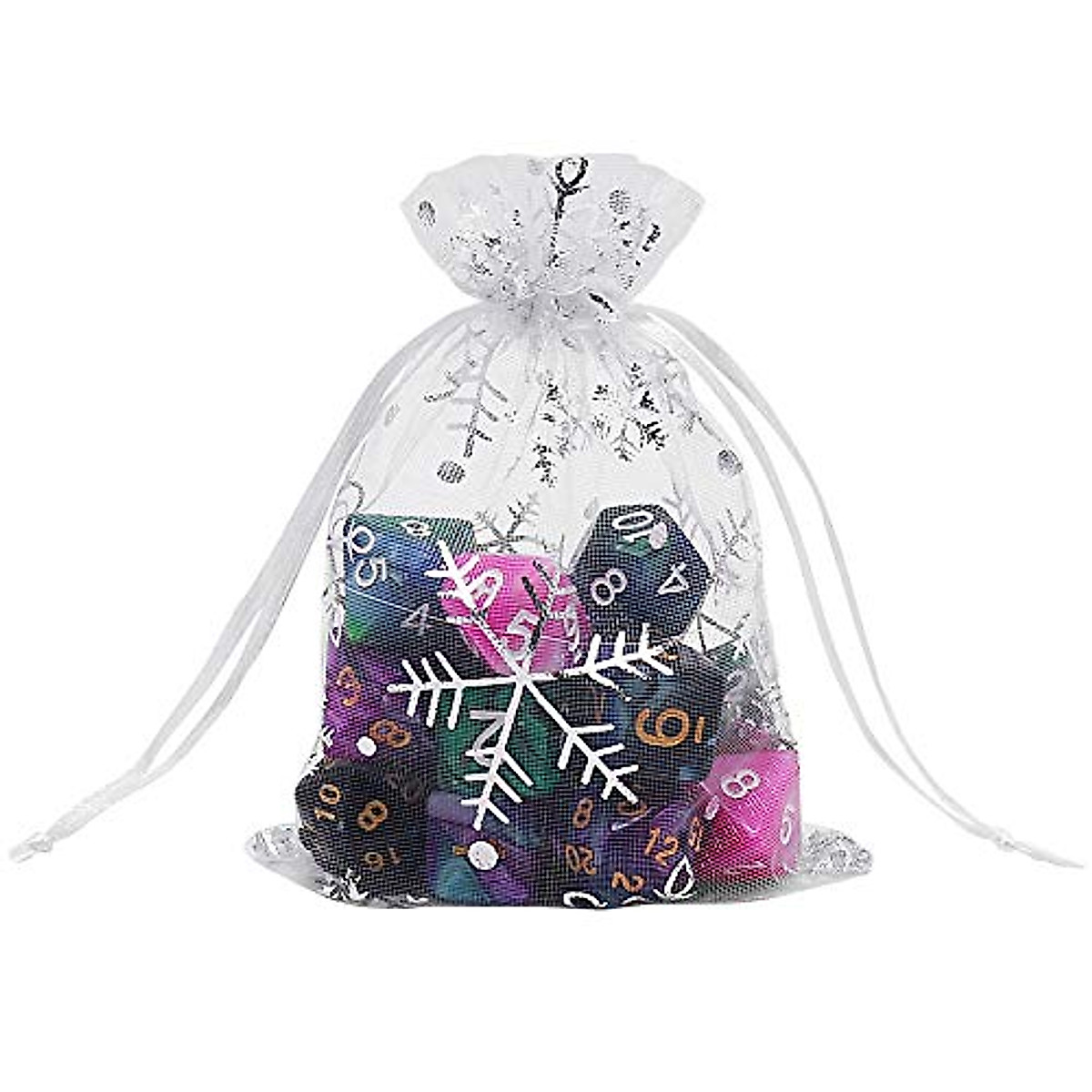 HRX Package 100pcs Snowflake Organza Gift Bags Christmas 3.5 x 4.7 inch, Small White Mesh Jewelry Pouches Little Drawstring Candy Bags