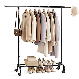 SONGMICS Clothes Rack, Clothing Rack for Hanging Clothes with Wheels, Garment Rack with Extendable Hanging Rail, 99 lb Total Max. Load, 15.7” x 32.7”-47.2” x 61.4”, Ink Black UHSR134B01