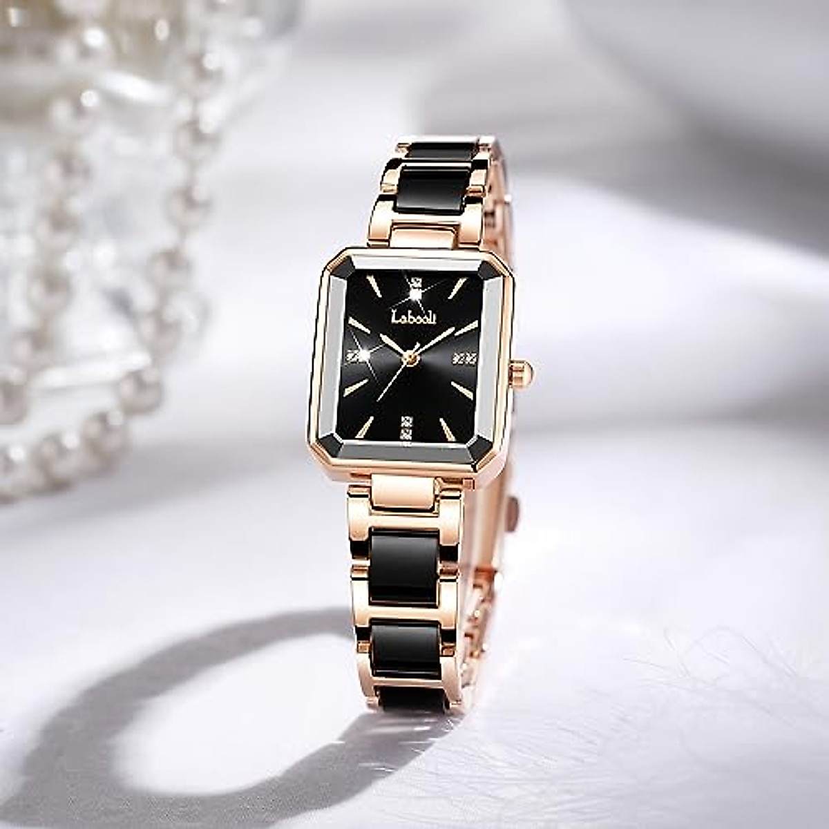 devaco Stainless Steel Rose Gold Diamond Quartz Wristwatch, Fashionable Square Waterproof Date Ladies' Watch (Black-glod)