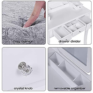 BEWISHOME Vanity Set with Mirror & Cushioned Stool Dressing Table Vanity Makeup Table 5 Drawers 2 Dividers Movable Organizers White FST01W