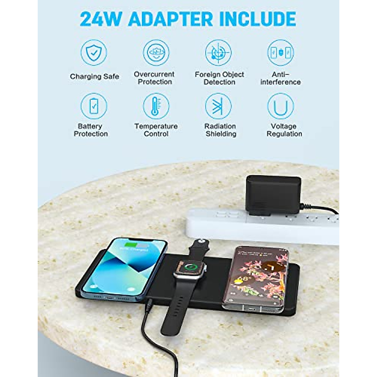 ZealSound Wireless Charger 3 in 1, Wireless Charging Pad 10w Fast Charging Station for Apple iWatch, Airpod,14/13Pro Max/13/12/11/11 Pro/X/Xr/Xs/8/Samsung Galaxy Phone(24w DC Power Supply Include)