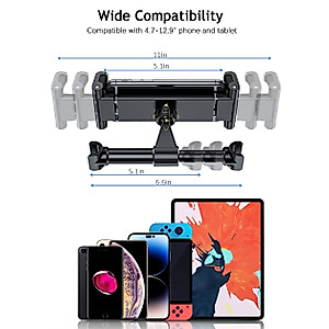 simr Car Headrest Tablet Mount Holder Car Back Seat Tablet Stand for Kids, Compatible with iPhone 14 13 12 Pro iPad Air Pro Mini Galaxy Tab Kindle Fire HD, 4.7-12.9 inch Devices (Black)