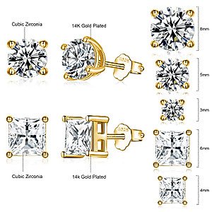 925 Sterling Silver 14k Gold Stud Earrings Set Hypoallergenic Round/Square Princess Cut Clear Cubic Zirconia Stud Earrings for Women Men 3/4/5/6/8 MM