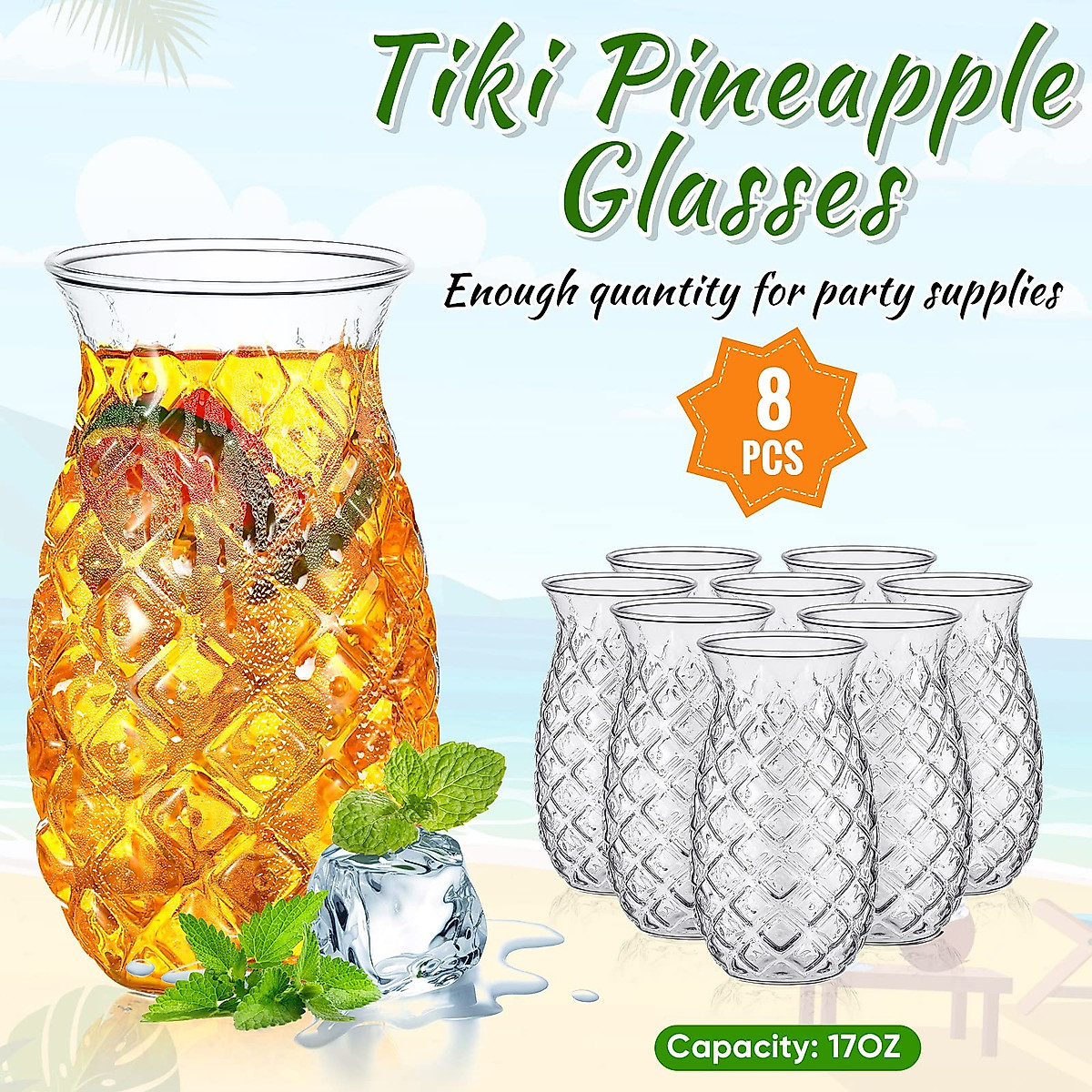 Zubebe Set of 8 Tiki Pineapple Glasses 17 oz Retro Relief Pineapple Cups Clear Pineapple Drinking Cup for Wine Cocktail Drink Martini Whiskey Juice Outdoor Pool Party Picnics