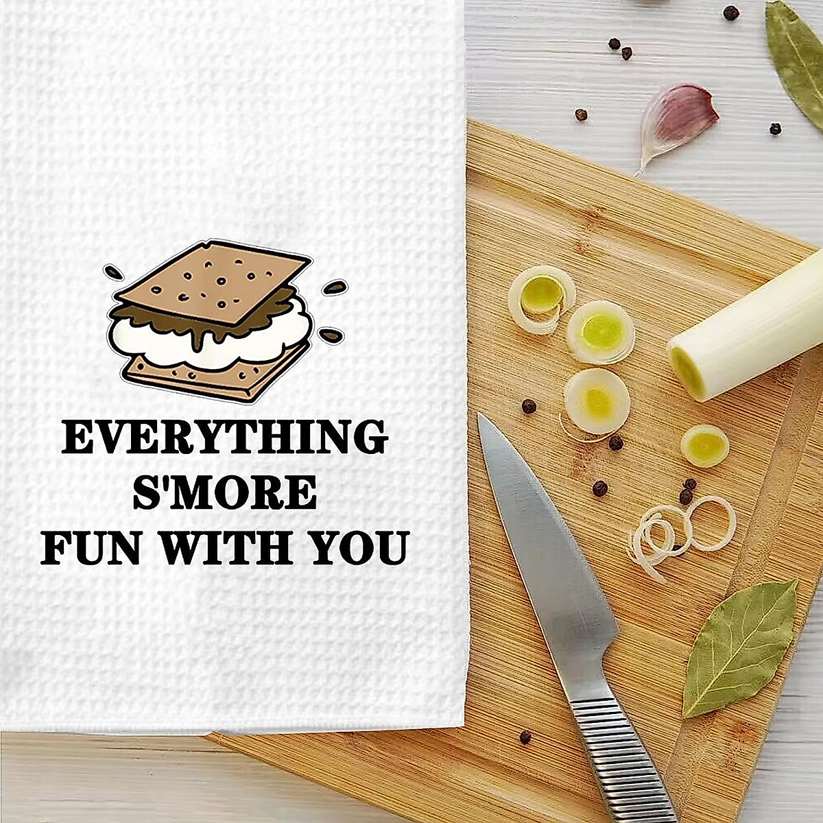 LEVLO Funny S'Mores Marshmallow Kitchen Towel Smores Lover Gift Everything S'More Fun with You Tea Towels Housewarming Gift Waffle Weave Kitchen Decor Dish Towels with Sayings (Everything S'More)