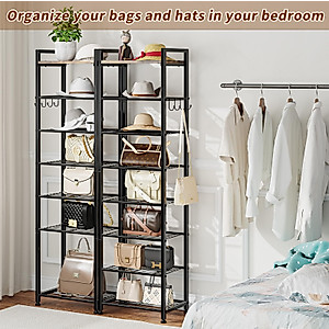 Simple Trending 8 Tiers Shoe Rack 16 Pairs Tall Wooden Plank Shoe Shelf with Hooks for Closet Entryway Organizer Sturdy Free Standing Shoe Storage Cabinet，Black