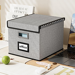 Huolewa Upgraded Portable File Organizer Box with Lids, Collapsible Linen Hanging Filing Storage Boxes with Plastic Slide, Decorative Home/Office Filing System for File and Folders Storage (Gray)