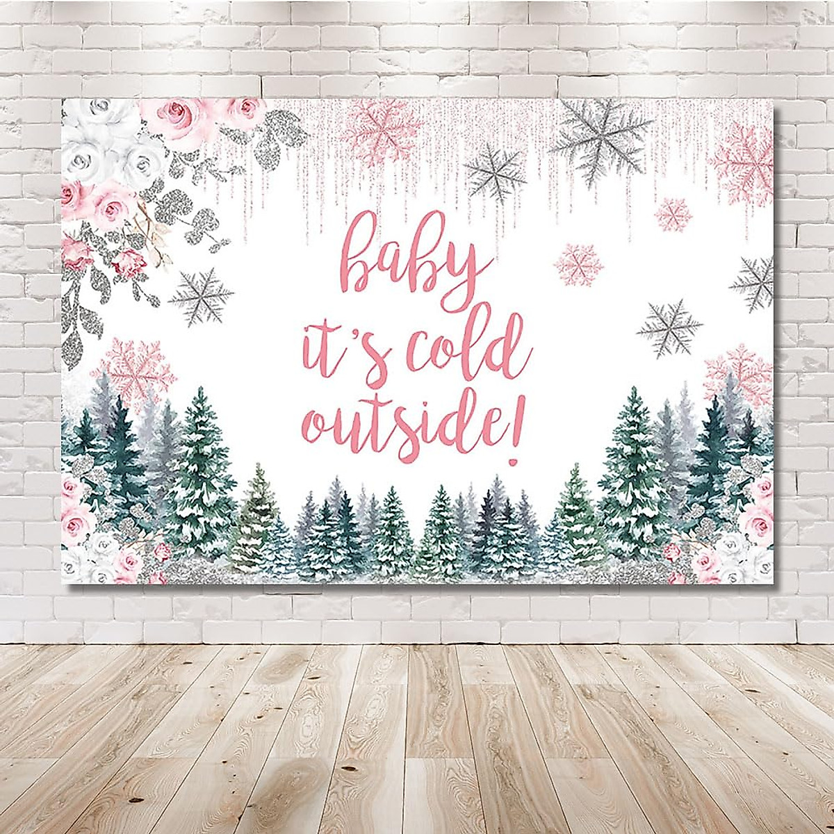 MEHOFOND 7x5ft Winter Baby Shower Backdrop for Girls Baby It's Cold Outside Pink Floral Photography Background Little Snowflake Pine Tree Oh Baby Party Banner Decorations Photo Booth Props