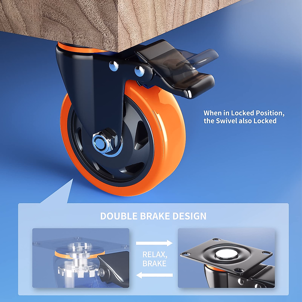 4 Inch Caster Wheels Heavy Duty 2200Lbs, Casters Set of 4 with Safety Dual Locking, Swivel Industrial Plate Casters, No Noise Wheels for Cart, Furniture(Bonus of 2 Hardware Kits & Gloves)