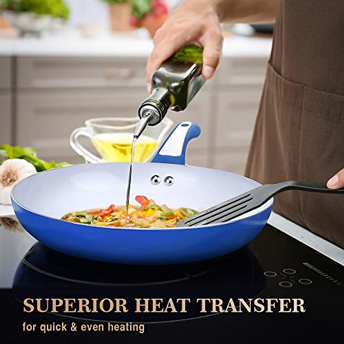 FGY 6 Pieces Nonstick Frying Pan Set with Induction Bottom - 8 inch Omelet Pan, 9.5 inch & 11 Fry Pans with Glass Lids - Dishwasher Safe (Blue)