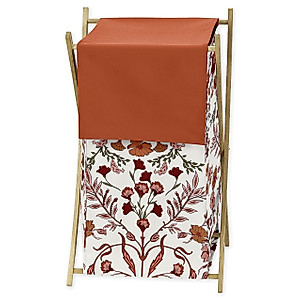 Sweet Jojo Designs Ivory and Orange Boho Vintage Floral Girl Foldable Laundry Hamper Dirty Clothes Basket Baby Nursery Kid Bedroom Children Toddler Bed Room Bohemian Rust Botanical Green Fringe Tassel