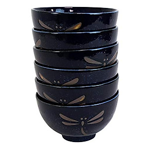 Ebros Pack Of 6 Made in Japan Midnight Blue Tombo Dragonfly Rice Soup Cereal Salad Dessert Stoneware Porcelain Bowls 4.5"D Home Decor Japanese Zen Fusion Accent Bowl Set Serveware Dinnerware