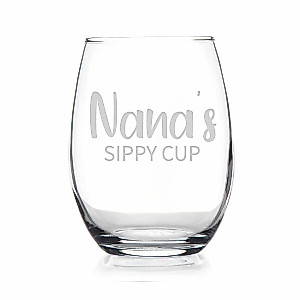 HTDesigns Nana's Sippy Cup Stemless Wine Glass - Mother's Day Gift Nana Wine Gift - First Time Nana New Nana Gift - Nana Wine Glass