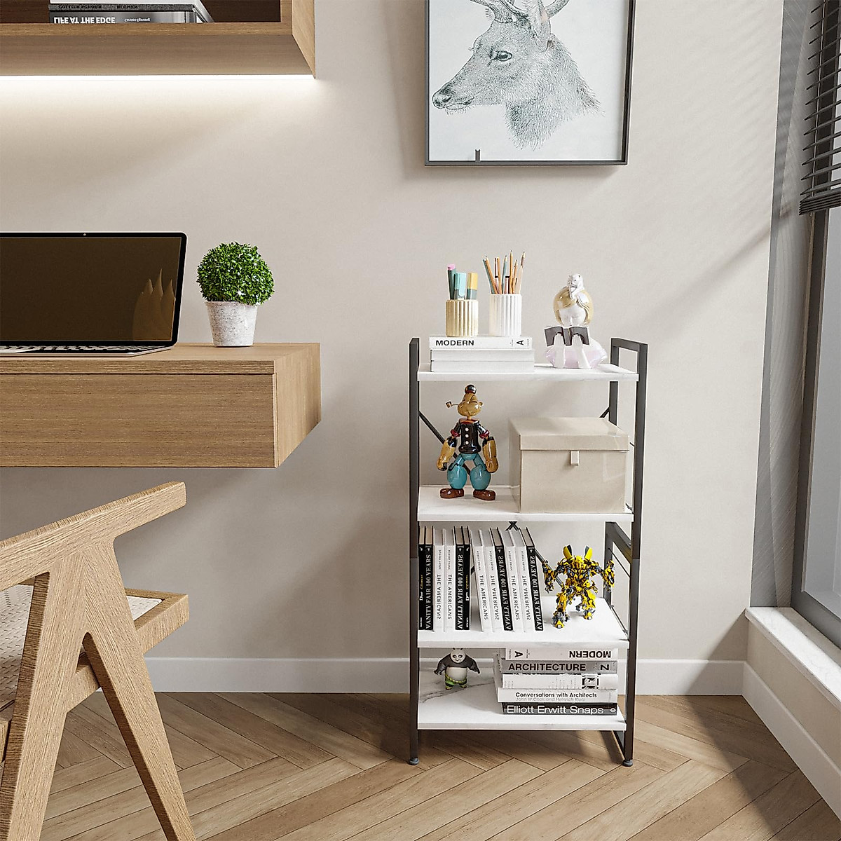 Azheruol 4 Tiers Bookshelf Adjustable White Faux Marble Organizer, Modern Small Bookcase for Small Space,Industrial Wooden Storage Display Rack and Storage Organizer for Living Room Home Office