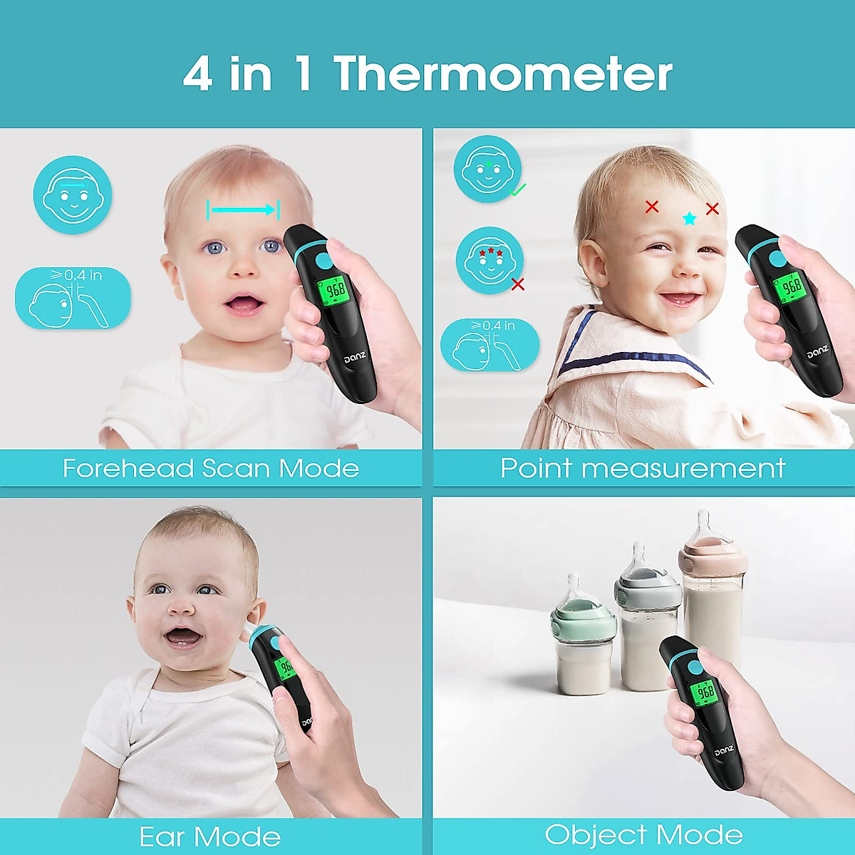 Forehead Thermometer for Adults, 4 in 1 Ear Thermometer for Kids, No Touch Baby Thermometer, Digital Thermometer with Fever Alarm and Object Measurement - Fast, Reliable and Accurate (Black)