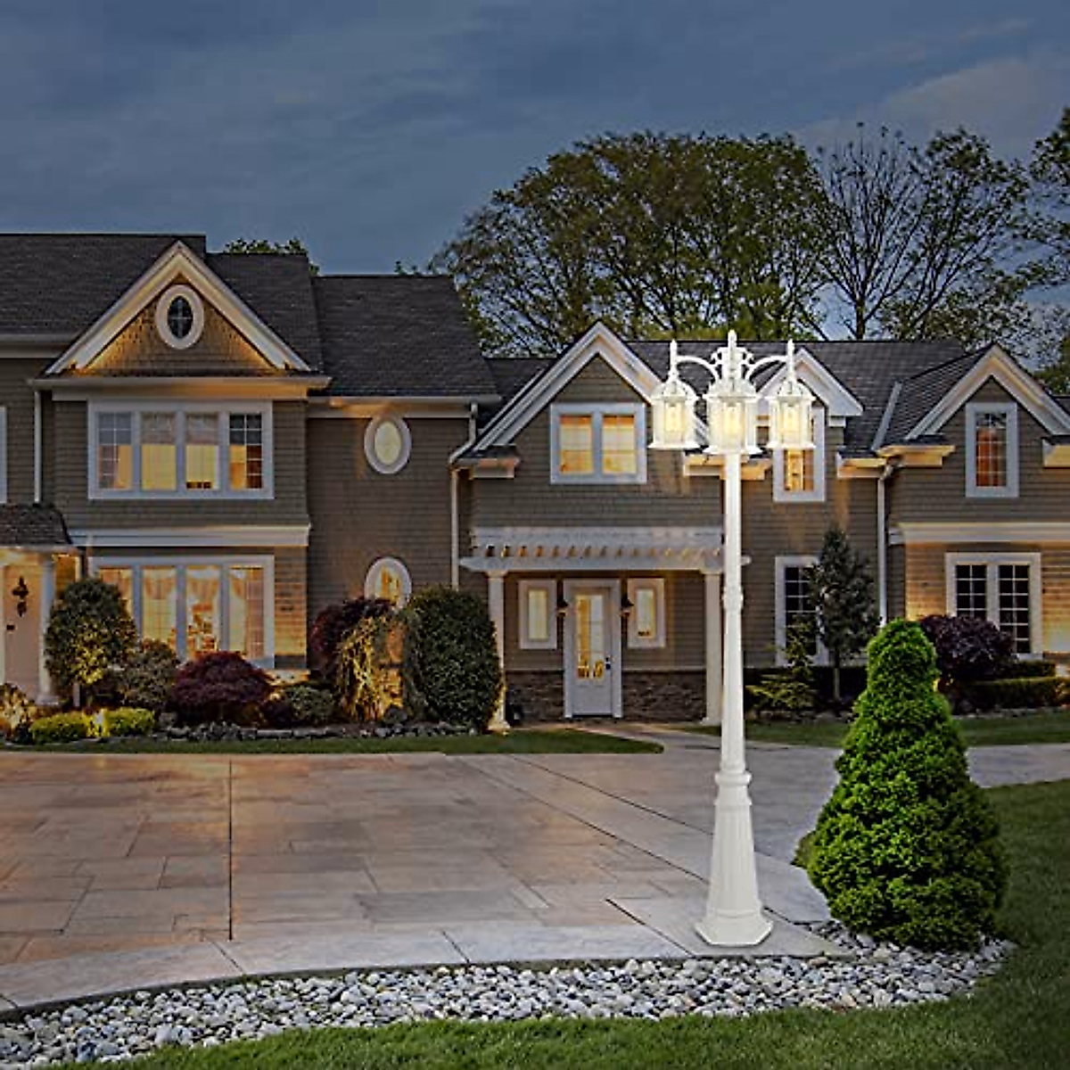 PARTPHONER 3-Head Outdoor Lamp Post Light Birdcage, Waterproof Outside White Street Light Pole with Clear Glass Shade for Yard, Garden, Patio, Path, Driveway