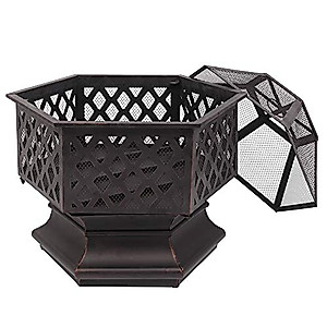Lovinland 22" Hexagonal Shaped Iron Brazier Wood Burning Fire Pit Decoration for Backyard Poolside
