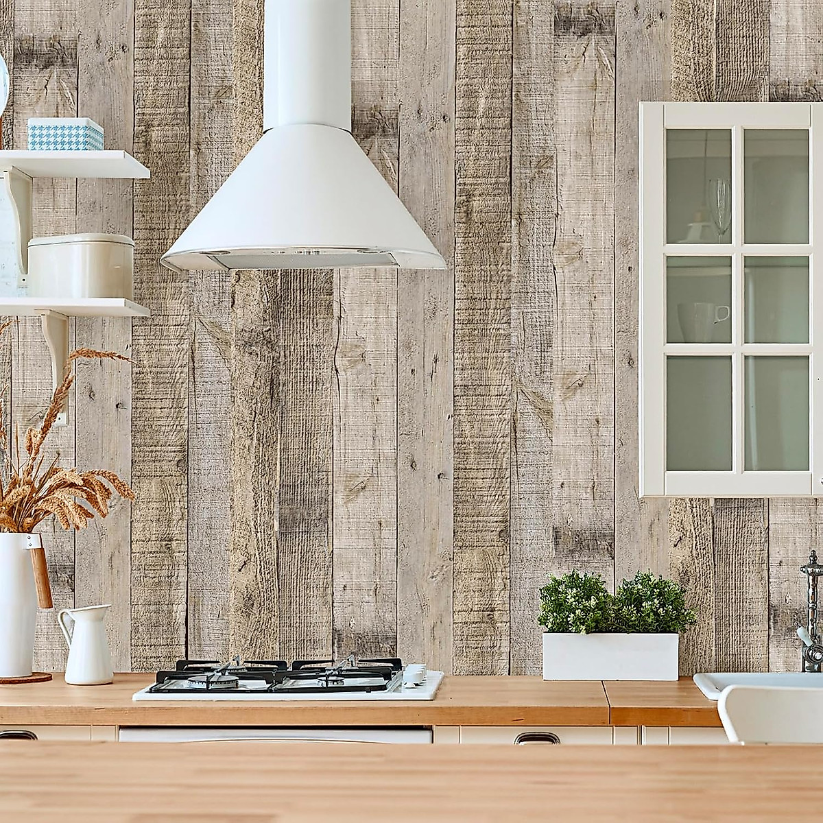 Anmon Wood Contact Paper 17.7" x 118" Peel and Stick Wallpaper, Grey Distressed Wood Wallpaper Shiplap Self Adhesive Removable Wall Paper, Wood Look Plank Rustic Natural Contact Paper for Wall