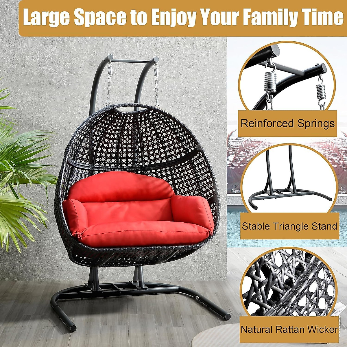 2 Person Hanging Egg Chair with Stand for Outdoor, Patio Rattan Wicker Double Egg Swing Chairs Hammock Chair with Cushion and Stand, Porch Swing Loveseat for Patio Bedroom Balcony (Red)