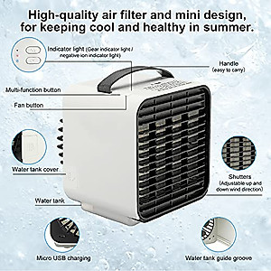 Portable Air Conditioner Fan, Mini Fan Air Cooler with 3 Wind Speeds, Desktop Evaporative Air Humidifier, Cooling Fan with Anion for Bedroom, Office, Dorm, Car, Camping Tent