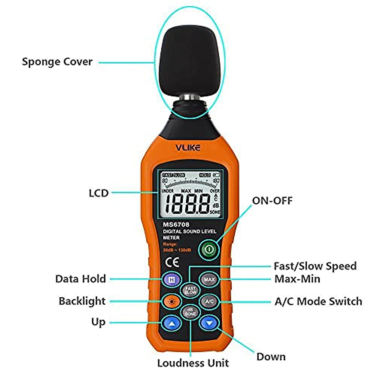 VLIKE Noise Sound Level Meter, Digital Decibel Meter with LCD, Audio Measurement 30 dB to 130 dB, DB Meter with A and C Frequency Weighting for Sound Level Testing