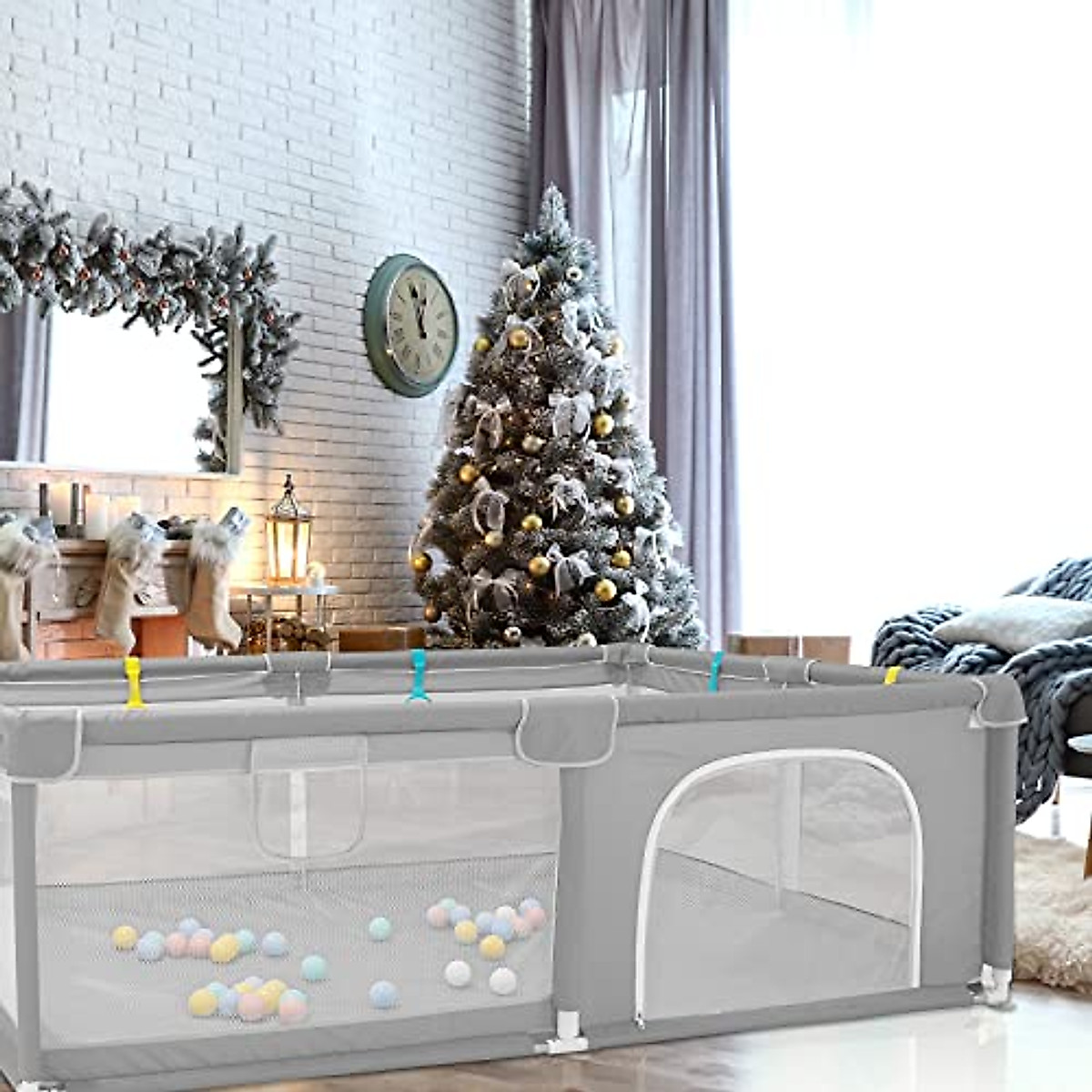 HEAO Baby Playpen for Toddler, Large Baby Playard 79 "X 59", Sturdy Play Yard with Soft Breathable Mesh, Safety Playpen for Babies, with 30 Pits Balls&Anti-Slip Base&6 Pull Rings, Light Grey