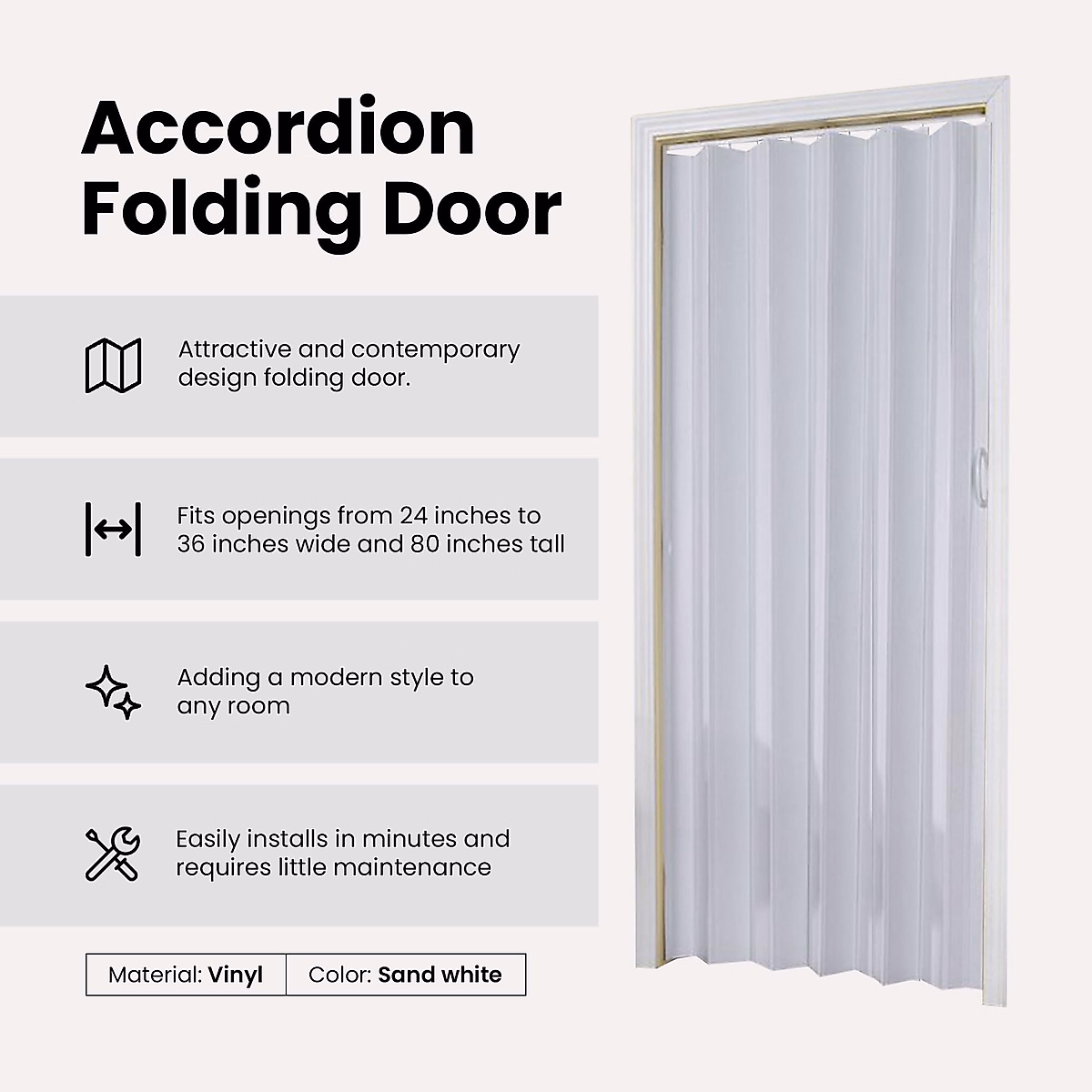 LTL Home Products Contempra Interior Accordion Door with Magnet and Accompanying Striker for Multi Fold Interior Doors, Sand White