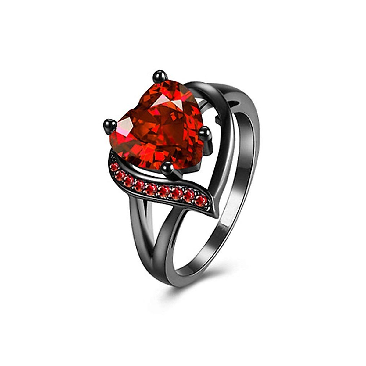 XIALV Women's Simulation Ruby Heart-Shaped Black Gold Promise Jewellery Band Red Cubic Zirconia Wedding Ring Size 6-10 (US size 10)