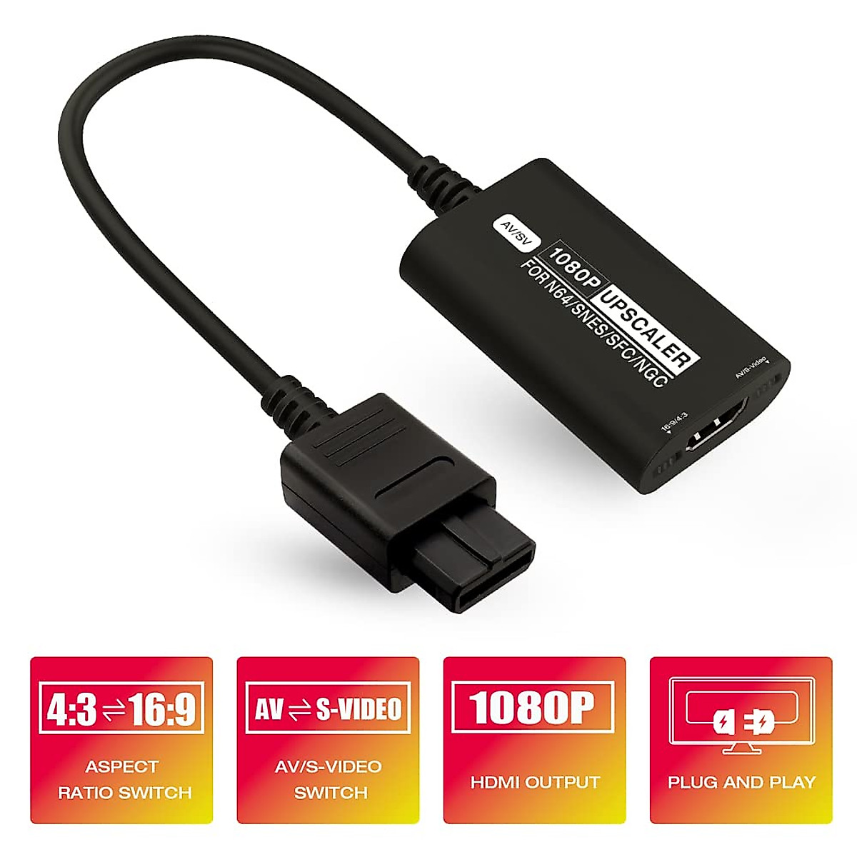 Kacenray HDMI Converter for Nintendo Gamecube NGC N64 SNES SFC 1080P Upscaler HDMI Adapter with 4:3/16:9 Aspect Ratio Switch for Nintendo Game Console