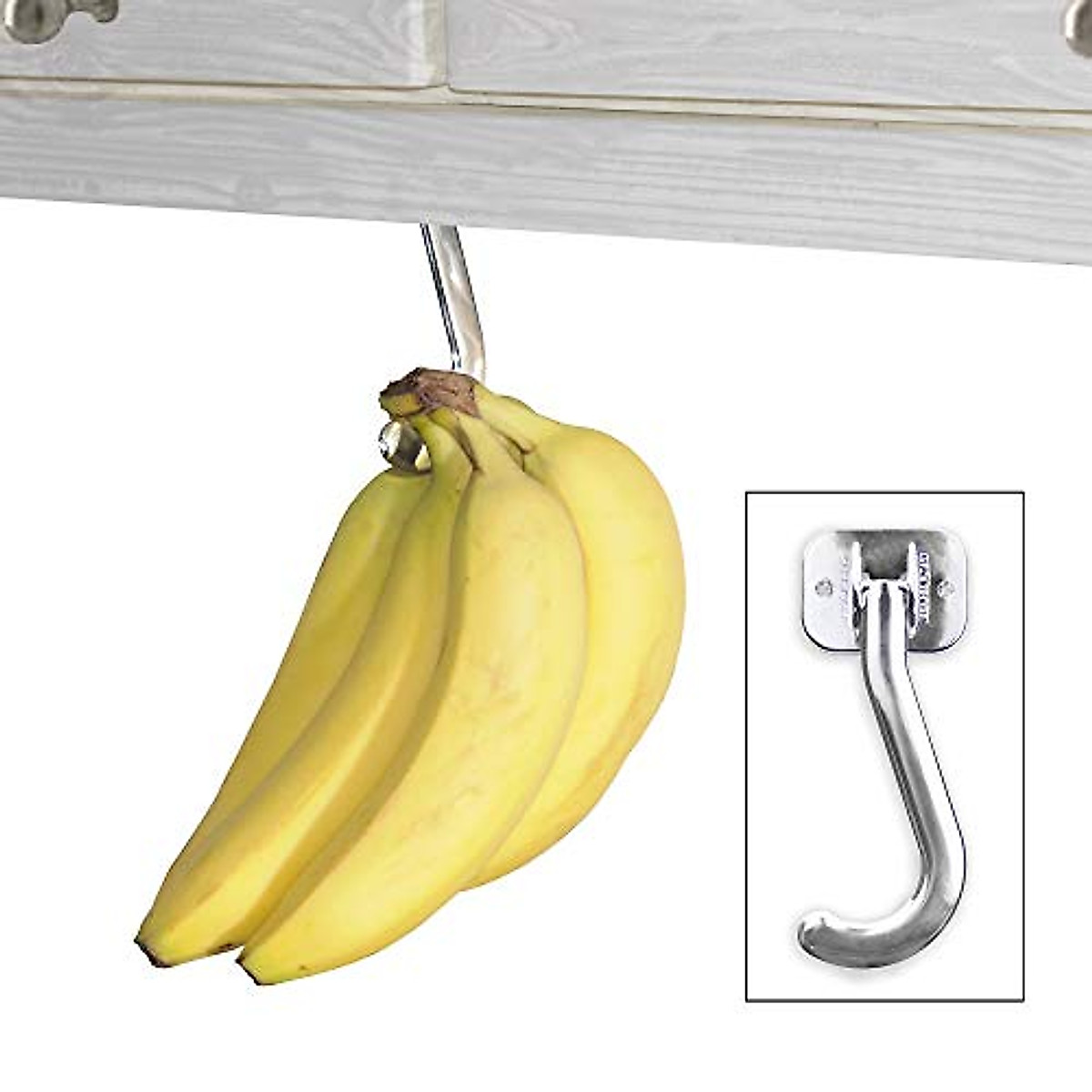 Gadjit Banana Hook Hanger Under Cabinet Hook Ripens Bananas with Less Bruises, Folds Up Out of Sight When Not in Use, Self-Adhesive + Pre-drilled Screw Holes (Plastic w/Chrome Finish)