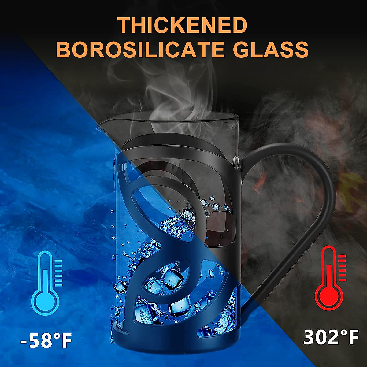 WORBIC French Press Coffee Maker, 3 Level Filtration System, Coffee Press with Heat Resistant Borosilicate Glass, 12oz Coffee French Press with Coffee Scoop w/Clip & 2 Extra Filters (Black)