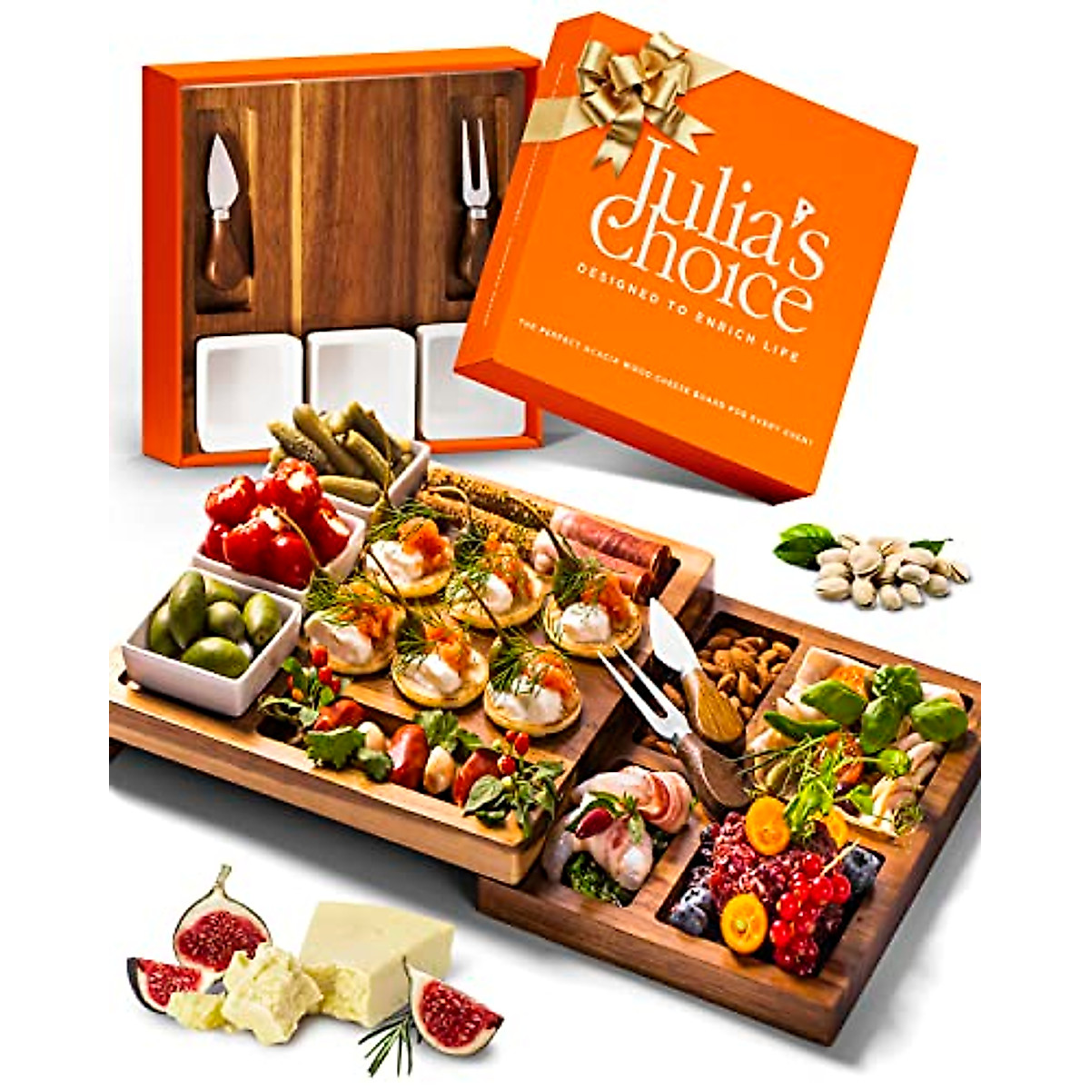 Julia's Choice Charcuterie Board Set - Cheese Board Set - Wood Serving Board – Compact Swivel Cheese Board with Knives and Bowls – Wedding Gifts - Bridal Shower Gifts - House Warming Gifts New Home