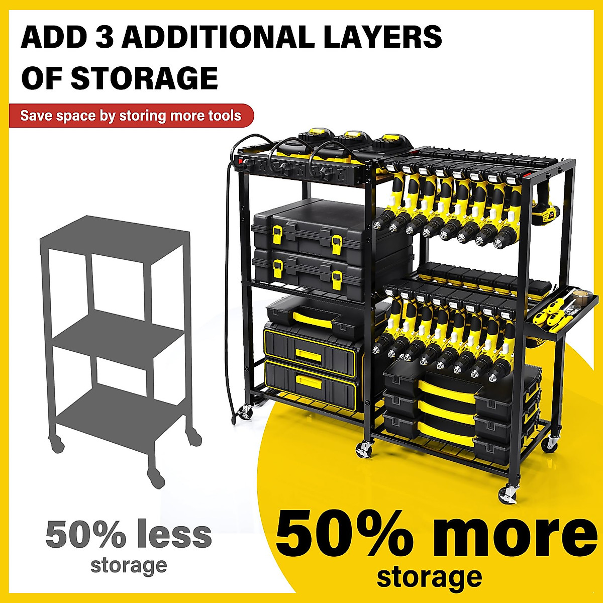 TC-HOMENY Power Tool Organizer Garage Storage with Charging Power Strip, 28 Drill Rack Tool Holder Racks Rolling Tool Cart on Wheels, Tool Shelf Organizer, Garage Workshop Gifts for Men Dads