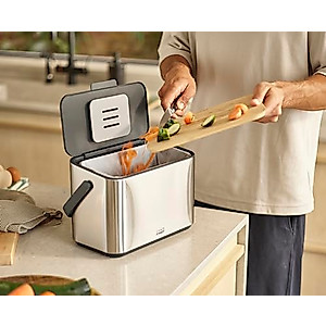 Joseph Joseph Collect 1.06 gallon/4 Liters Stainless Steel Food Compost Bin with Handle, Removable Inner Bucket and Bin Liners Storage, Includes Odor Filter and 3x Bin Liners