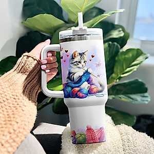 99WHALE Cat Gifts, Tumbler 40 Oz With Handle Lid And Straw, Steel Quartz Handle Women Cup Parade Coffee Tumblers Hot Adults Funny Light Cups Lover Simple Rose, Cats And Sewing