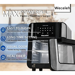 Weceleh Air Fryer 10 in 1 Toaster Oven, 15.8 QT Large Air Fryer with Visible Window, 15L Large Family Size, 60 Minutes Timer, Accessories Included, Touchscreen, No-Oil Frying, NonStick, Black, 1700W