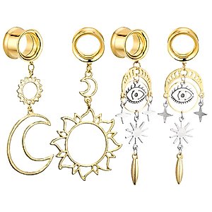 TBOSEN 2 Pairs Surgical Steel Ears Gauges Tunnels Plugs Moon Sun Design Dangle Charms Body Piercing Jewelry Earrings for Women 2g-5/8 in 6mm-16mm