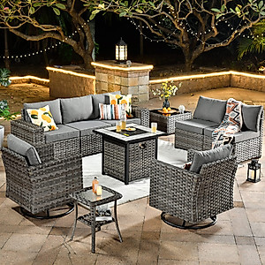 HOOOWOOO Outdoor Patio Sectional Furniture Sofa Set with Fire Pit Table,10 Piece Modern Wicker Couch with Swivel Chairs,Modular Conversation Seating Set with Widened Armrest for Garden(Dark Grey)