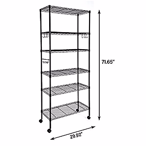 YSSOA Heavy Duty 6-Shelf Shelving with Wheels, with Hanging Hooks, Wire Shelving, Adjustable Storage Units, 29'' D x 14'' W x 70'' H, 6 Tier, Black
