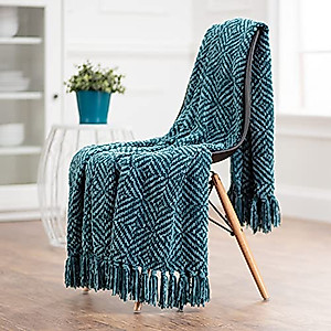 Chanasya Soft Teal Chenille Knitted Diamond Textured Decorative Throw Blanket - Geometric Lightweight Luxury Fuzzy Decor with Tassels for Couch Sofa Bed Chair Bedroom Living Room (50x65 Inches)