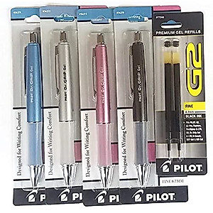 (4) Pilot Dr. Grip Limited Retractable Rolling Ball Gel Pen, Fine Point, Metallic Mauve Barrel, Metallic Ice Blue Barrel, Silver Barrel, Charcoal Gray Metallic Barrel,Black Ink, 2 Black Refill