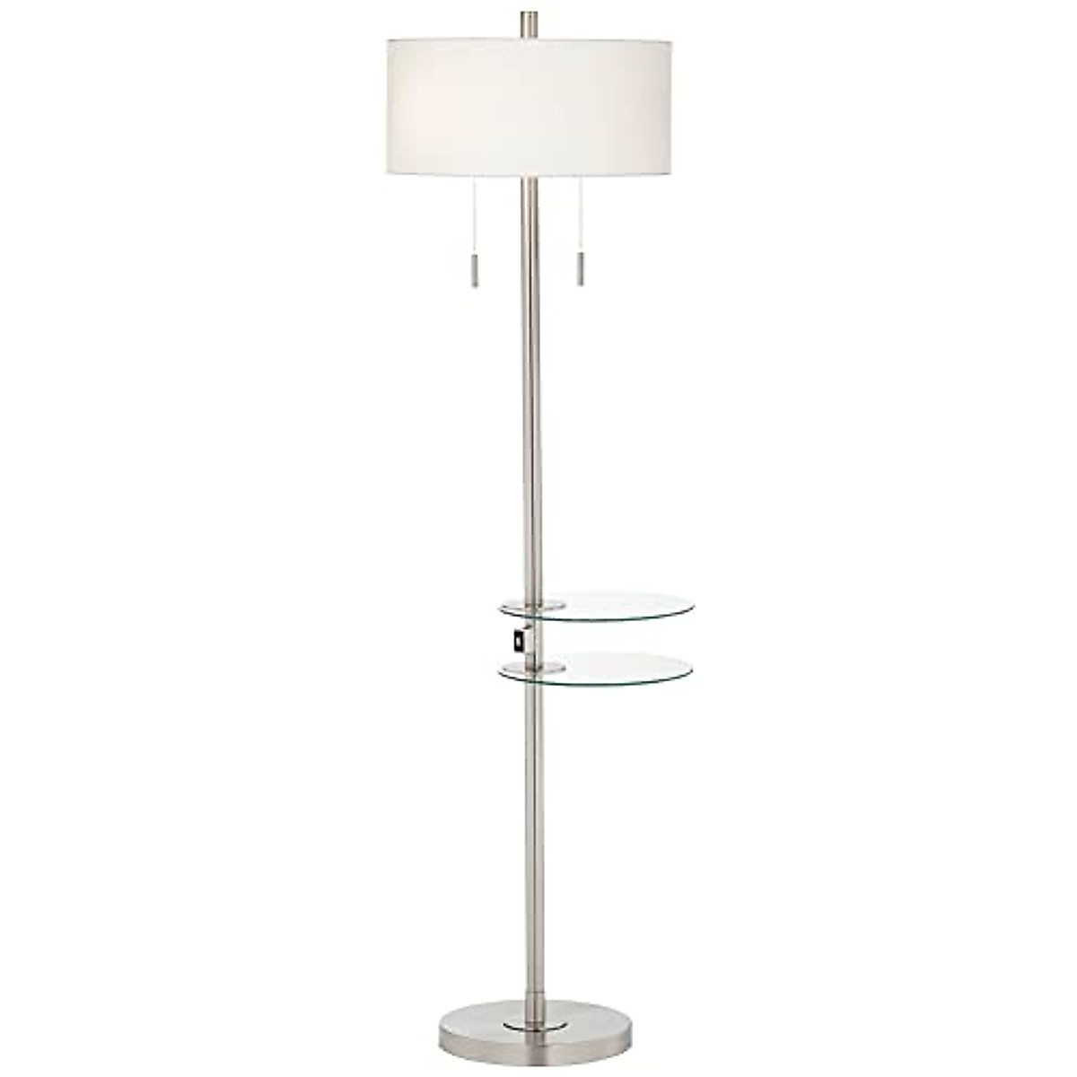 Possini Euro Design Concierge Modern Floor Lamps 63" Tall Set of 2 with Double Tray Table USB Charging Port Brushed Nickel Drum Shades Decor for Living Room Reading House Bedroom Home