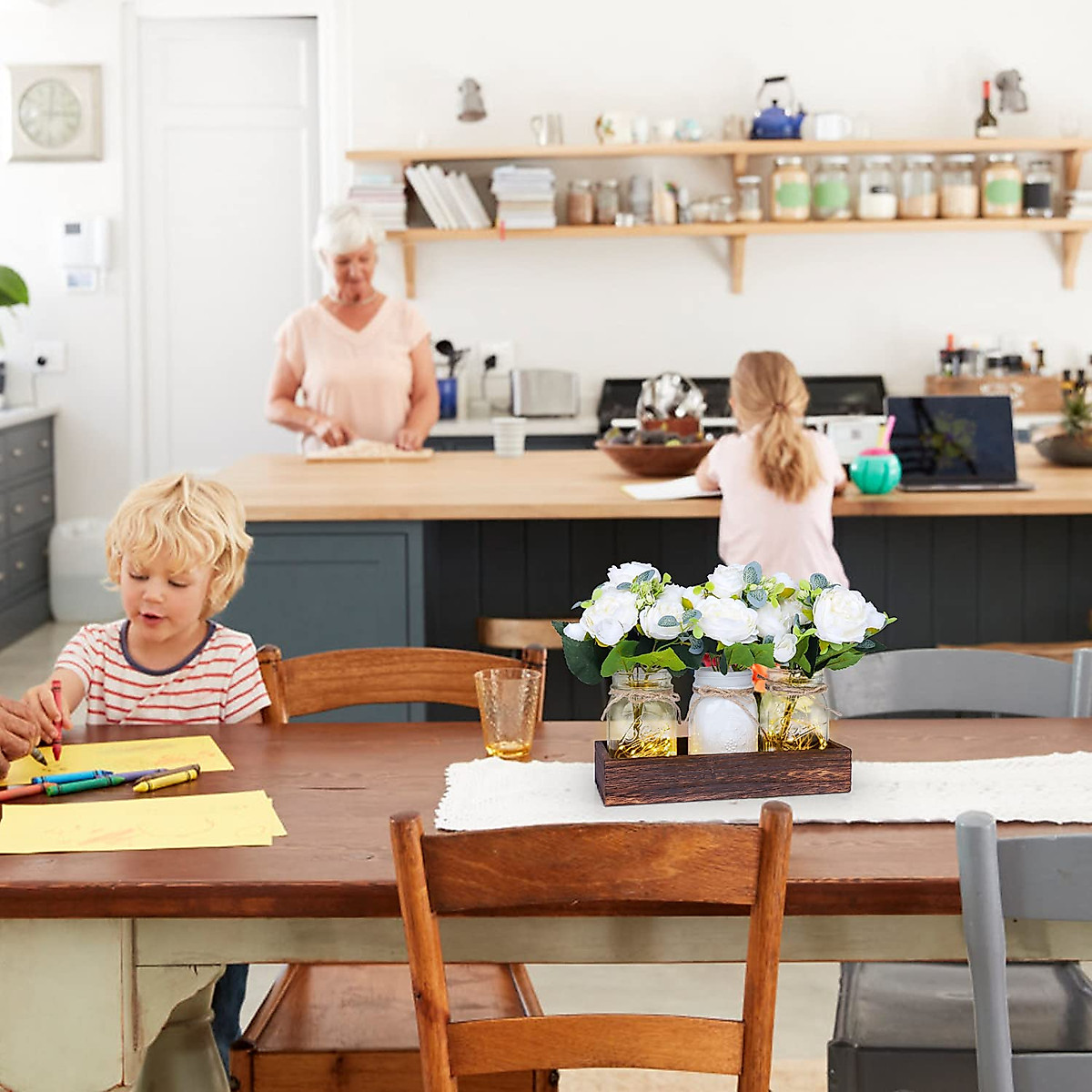 Fowecelt Mason Jar Lights Centerpiece Decorative Wood Tray with Artificial Rose Flowers, Rustic Country Farmhouse Home Decor for Herb Plants Coffee Table Dining Room Living Room Kitchen Garden