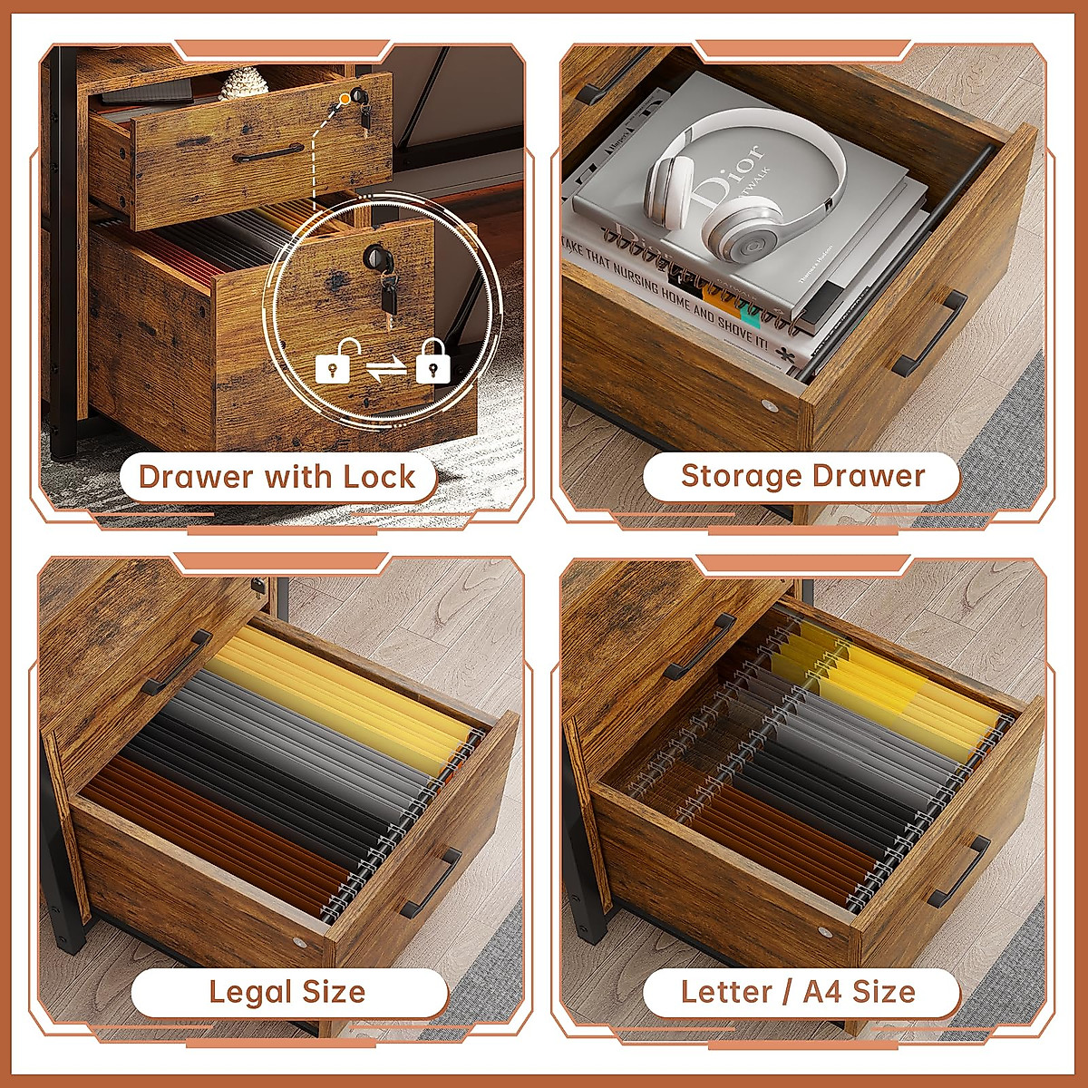 SEDETA 63" Computer Desk, Office Desk with Lock Drawers for Legal/Letter File, Gaming Desk with LED Light & Power Outlet, Home Office Desks for Printer, Rustic Brown