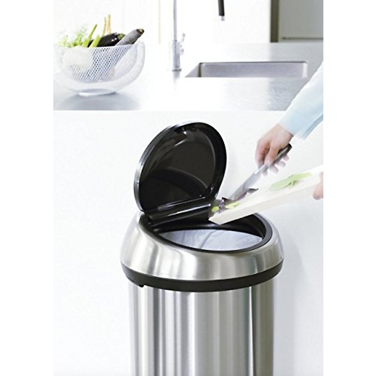 Brabantia 16 Gallon Large Kitchen Touch Top Trash Can (Matt Black/Brilliant Steel Lid) Removable Lid, Soft-Touch Open Garbage Can