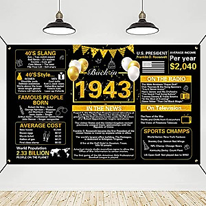 Crenics Black Gold 80th Birthday Decorations, Vintage Back in 1943 Birthday Backdrop Banner, Large 80 Years Old Birthday Anniversary Poster Photo Background Party Supplies for Women Men, 5.9 x 3.6 Ft